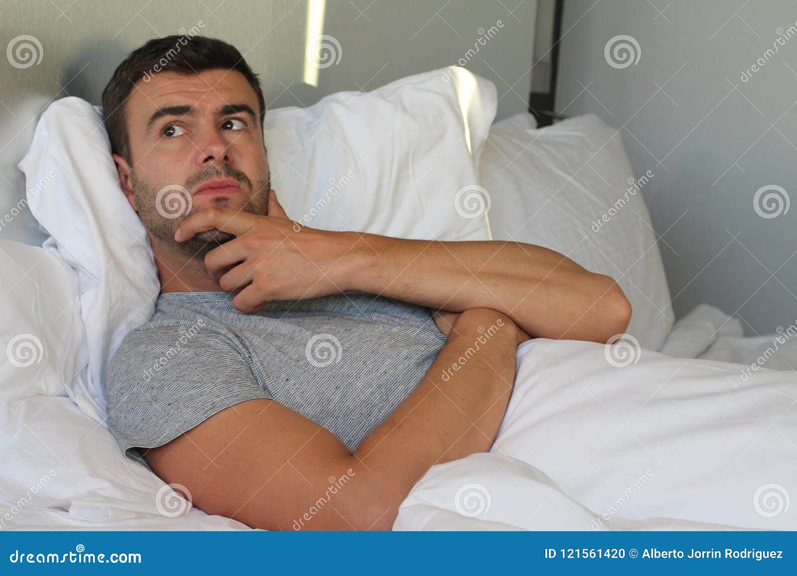 Worried Man Overthinking in Bed Stock Photo - Image of innovation, male ...