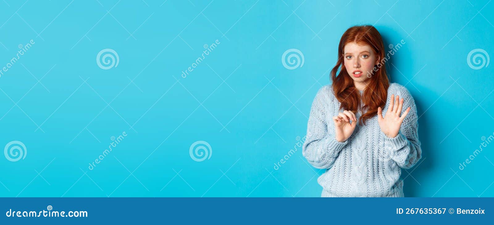 Worried Redhead Girl Refusing or Declining an Offer, Shaking Hands and ...