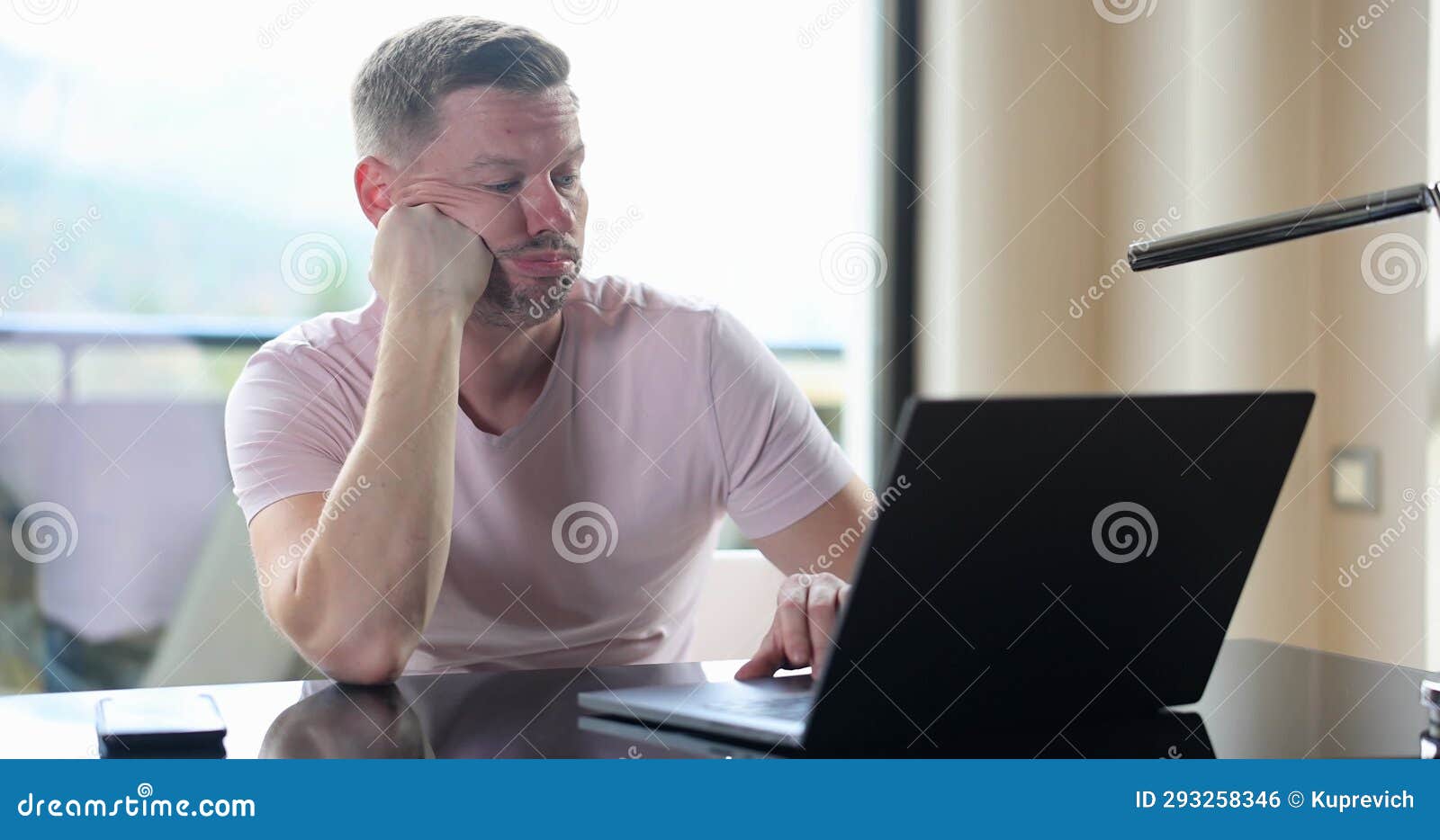 Worried Sad Man Looking at Laptop Screen Thinking about Problem ...