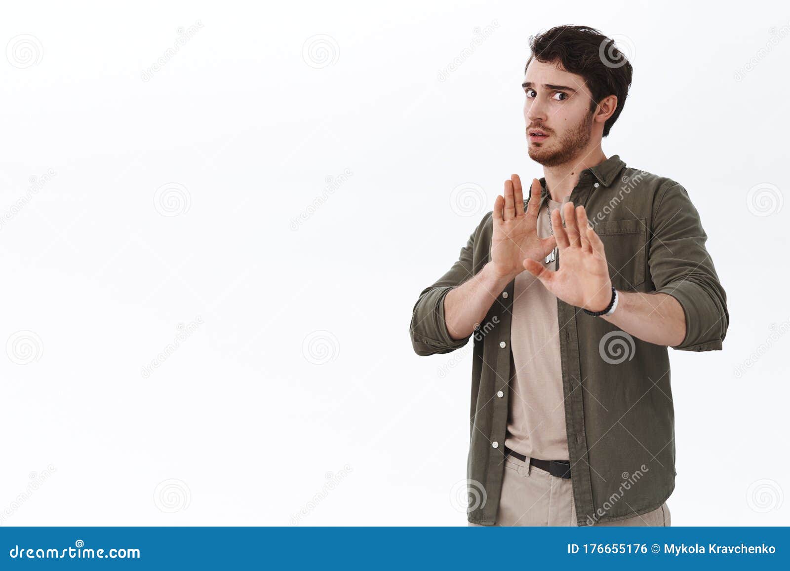 Worried and Scared Young Handsome Man Avoiding Fight. Guy Step Back and ...