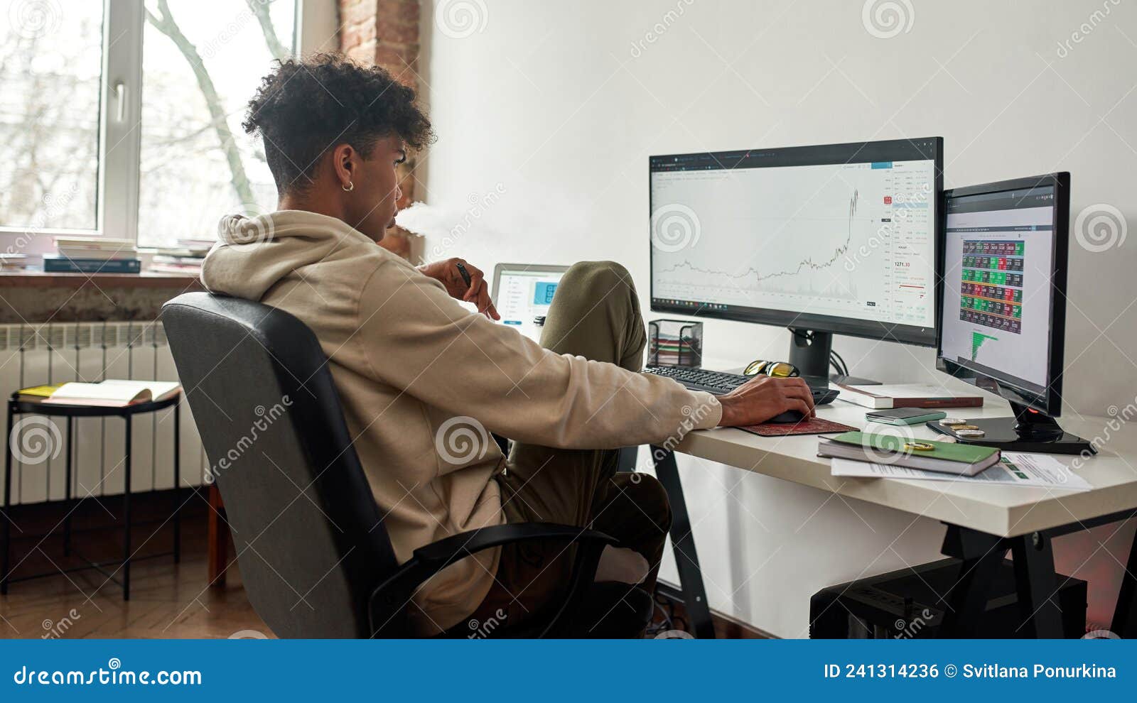Worried Stressed African American Trader Vaping and Watching Data Index ...