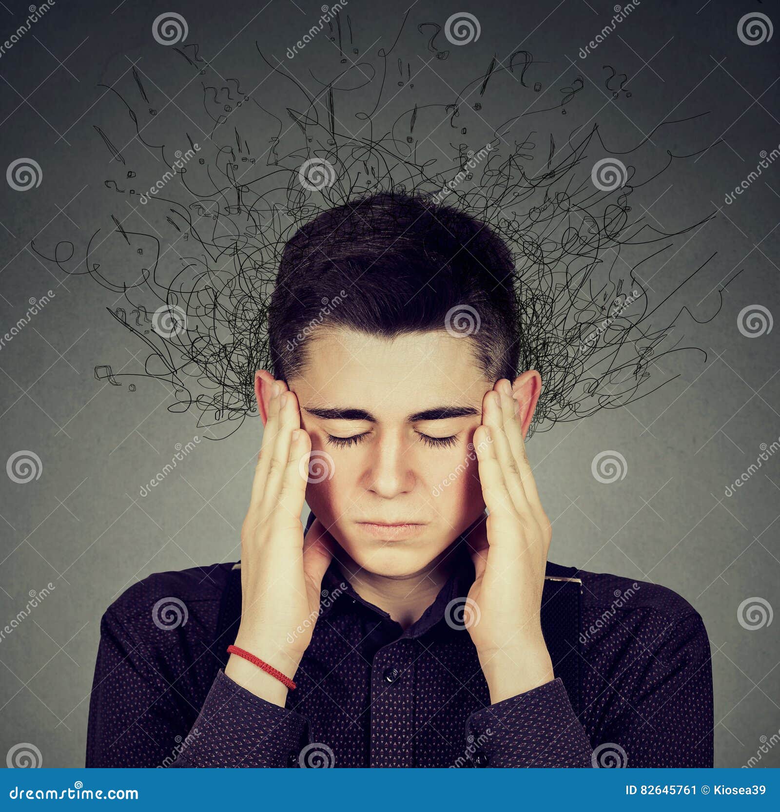 Worried Stressed Man with Brain Melting into Lines Question Marks Stock ...