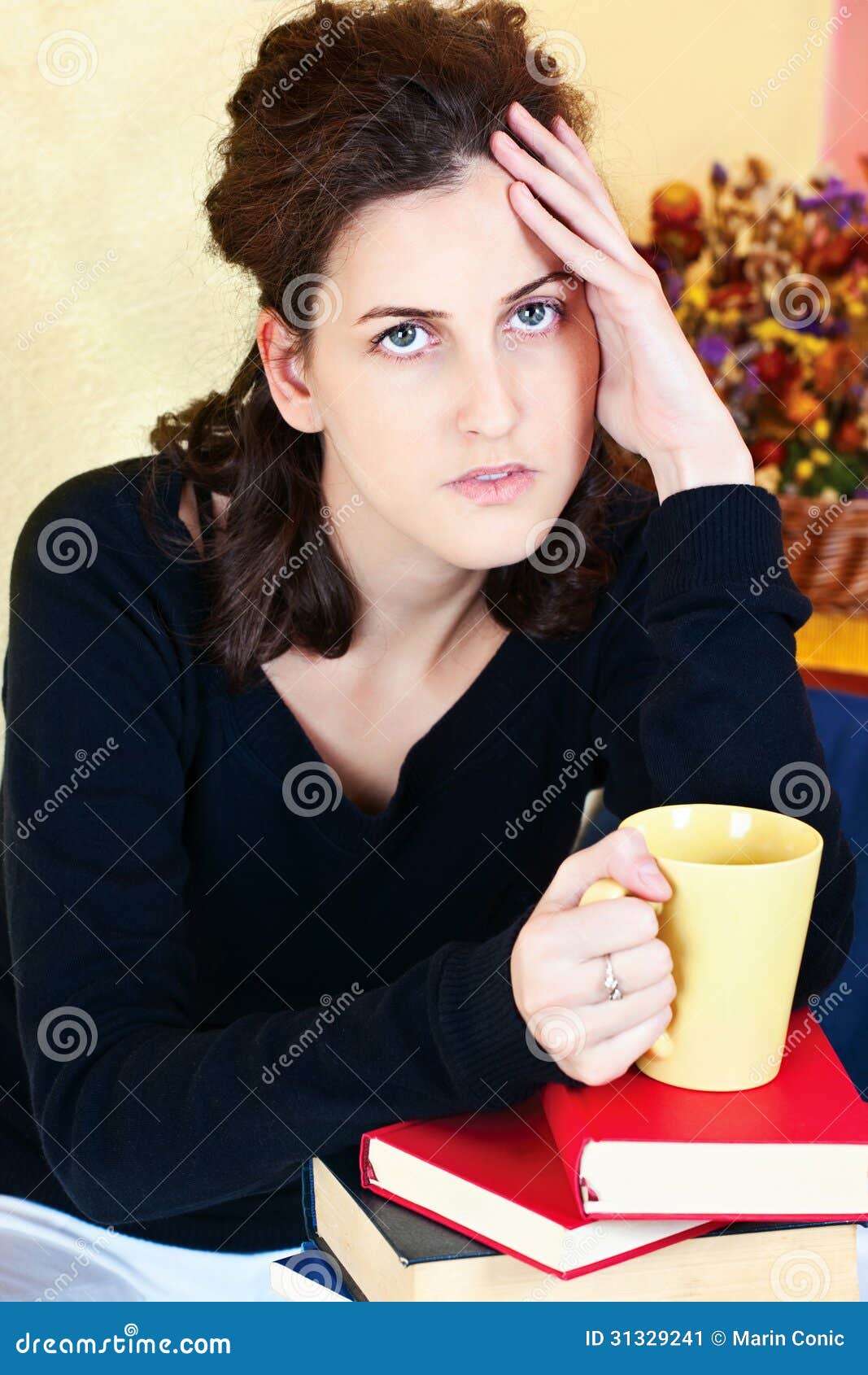 Worried Student and Bunch of Books at Home Stock Image - Image of girl ...