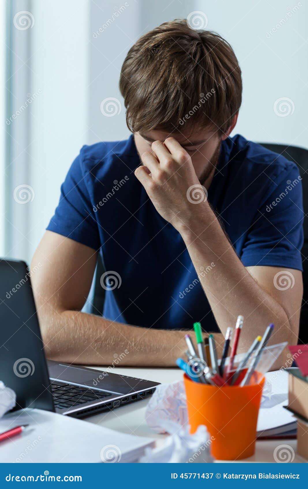 Worried Student with Computer Stock Image - Image of homework, long ...