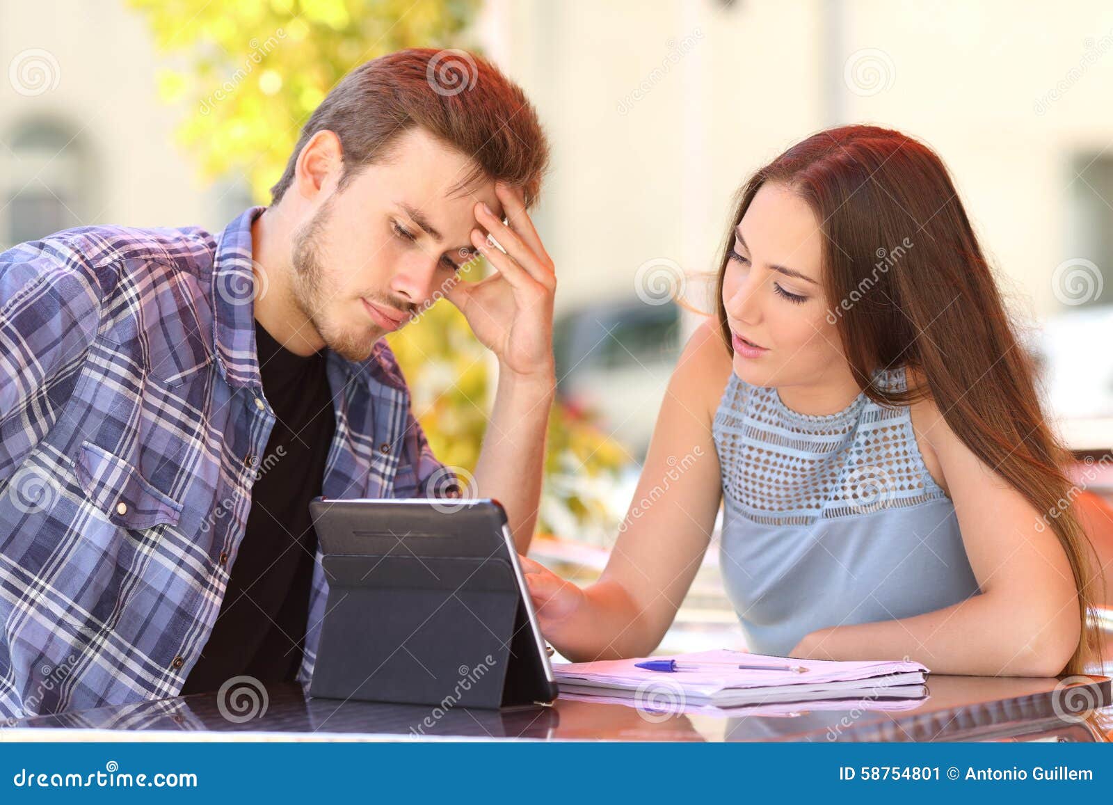 Worried Student Learning with a Friend Teaching Stock Image - Image of ...