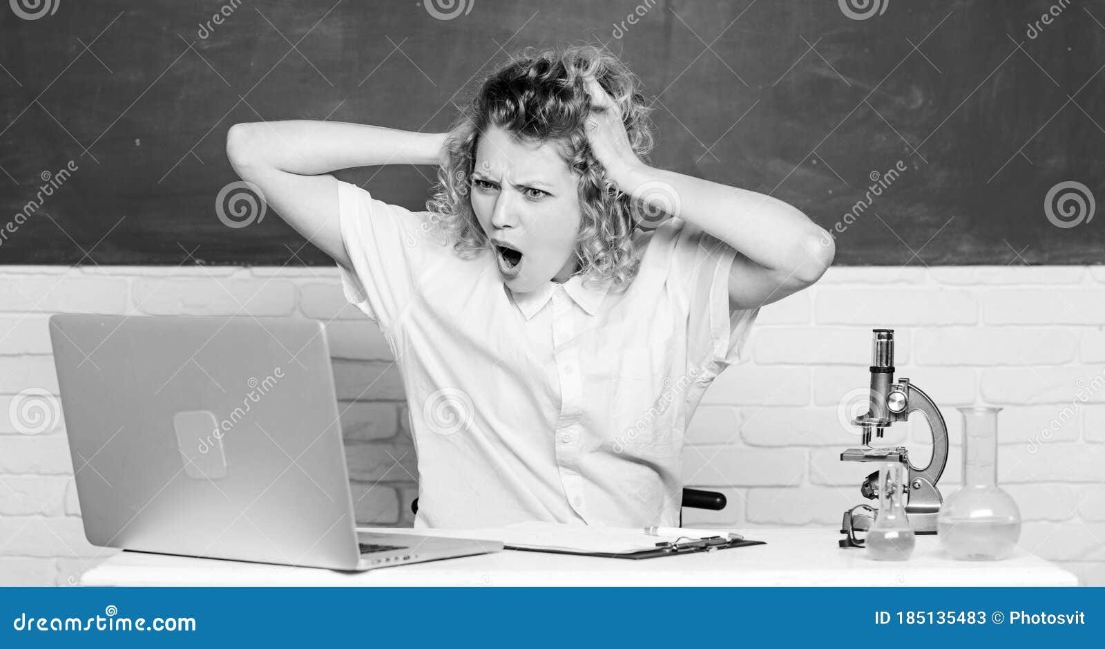 Worried Student with Microscope and Beaker. Girl in Classroom ...