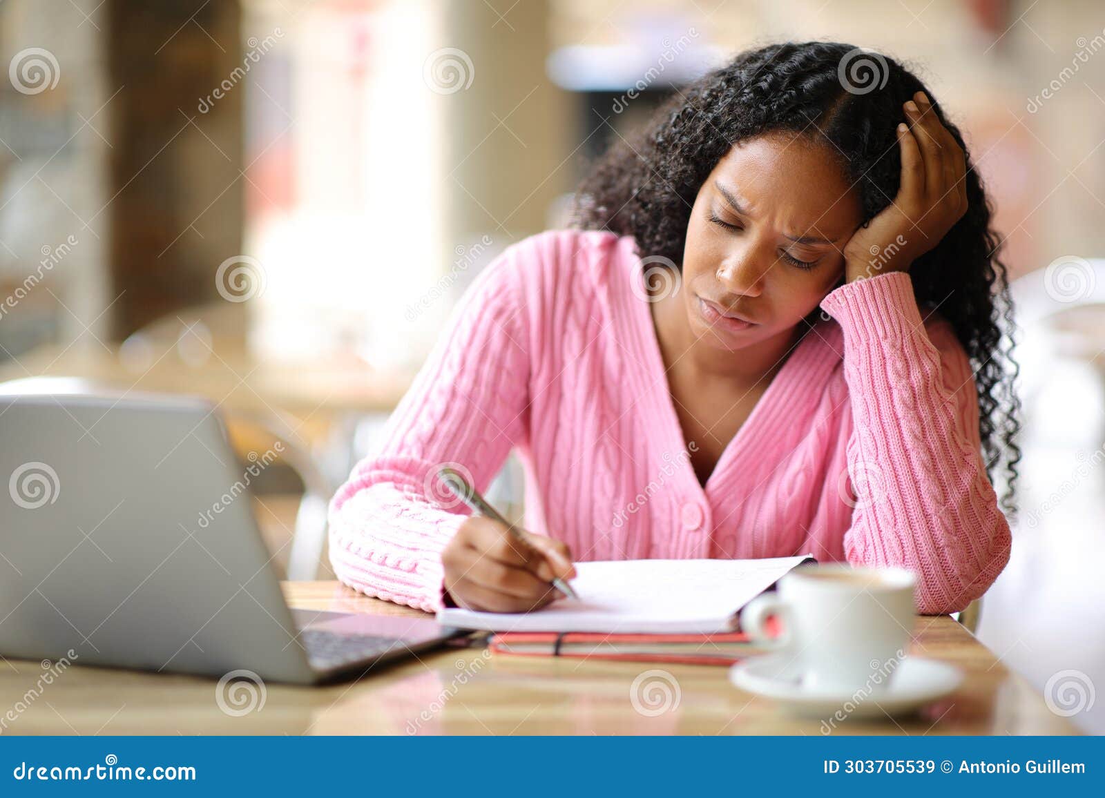 Worried Student Studying in a Restaurant Terrace Stock Image - Image of ...