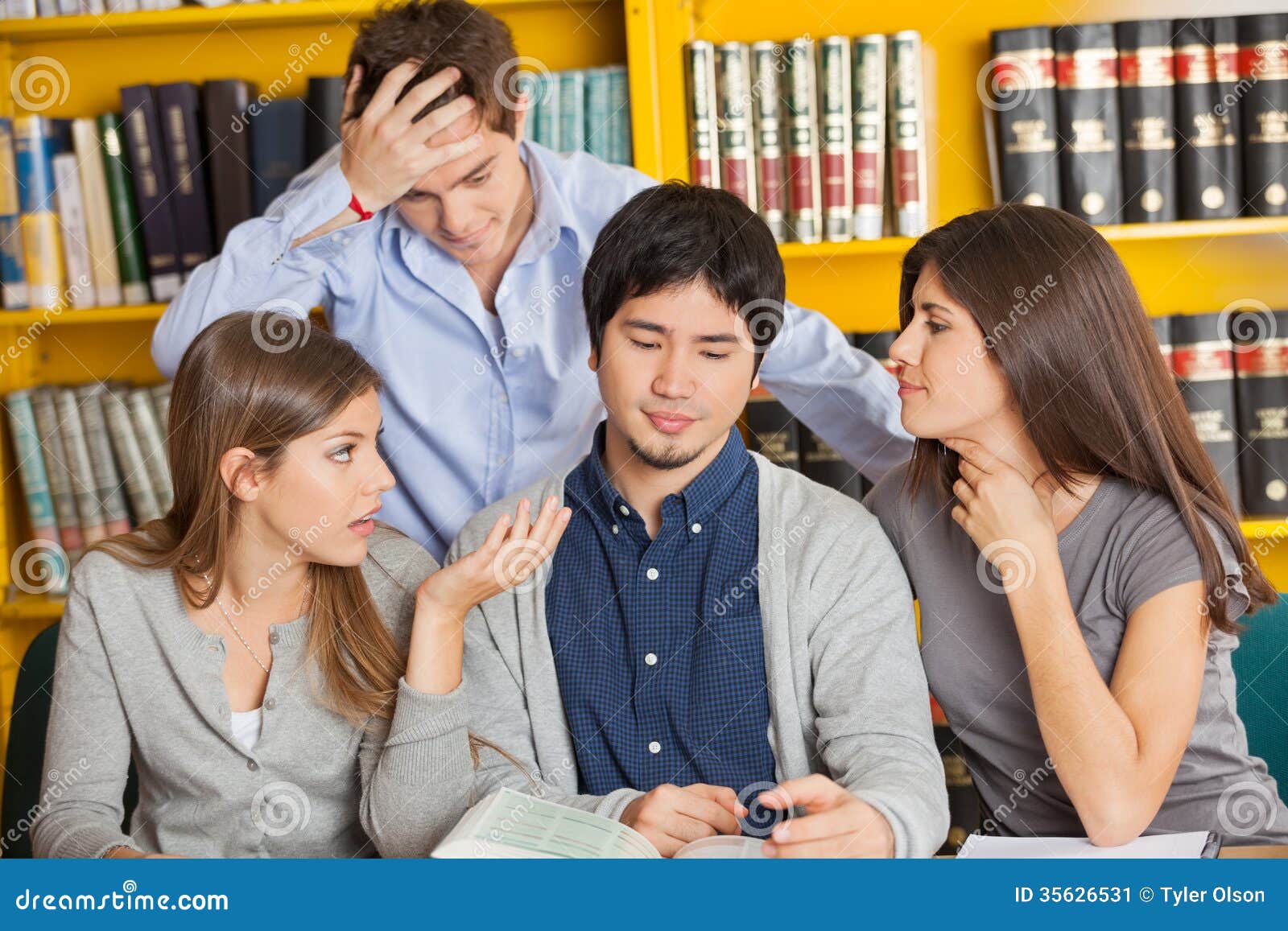 Worried Students with Book Sitting in Library Stock Image - Image of ...
