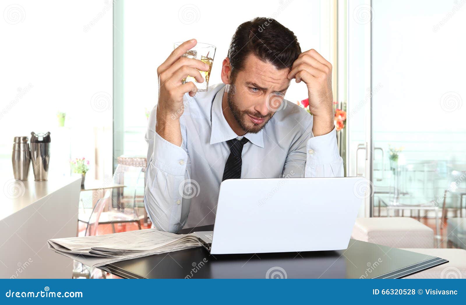Worried and Tired Businessman in Crisis Working on Computer Stock Photo ...