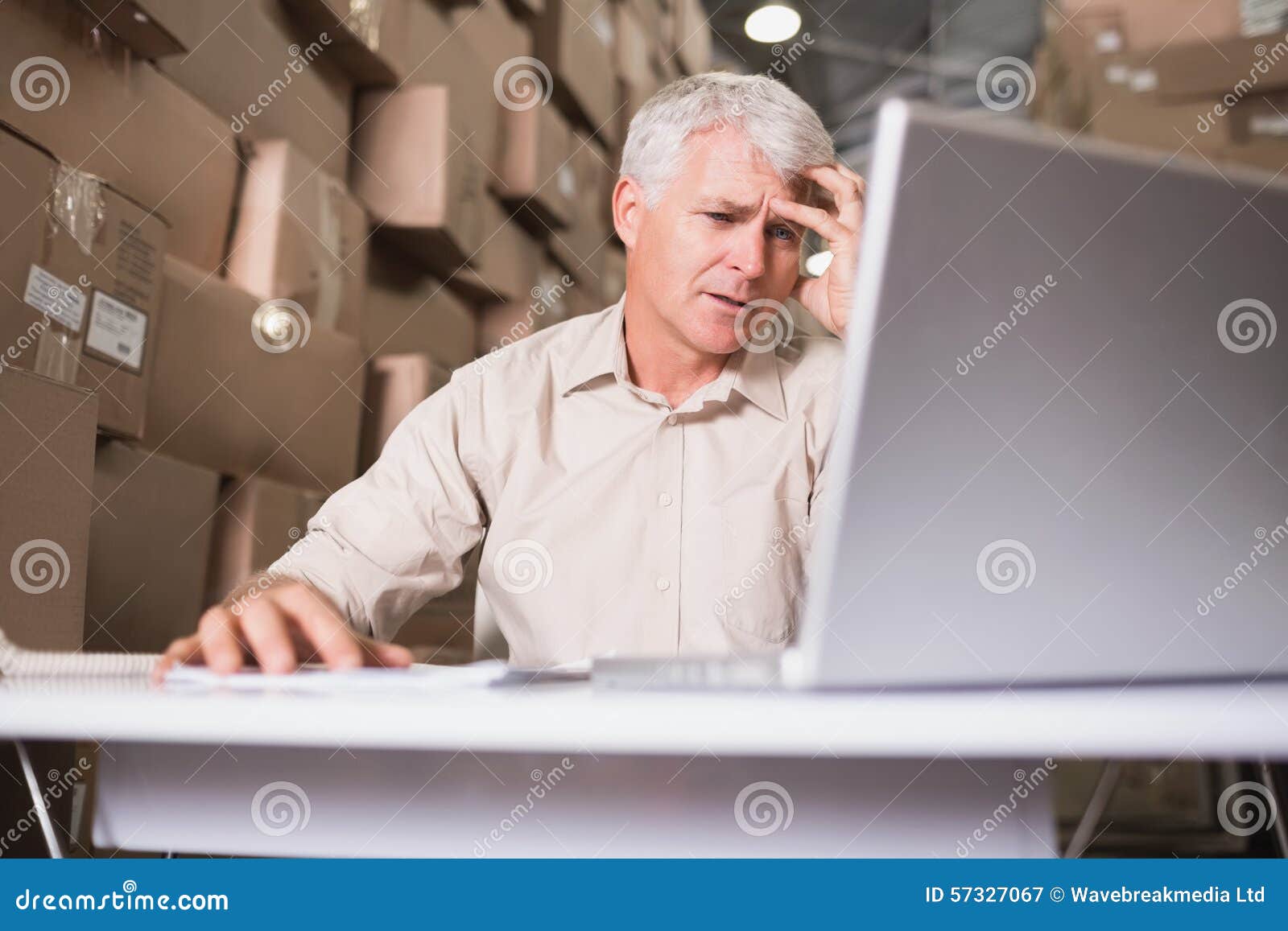 Worried Warehouse Manager with Laptop Stock Image - Image of career ...