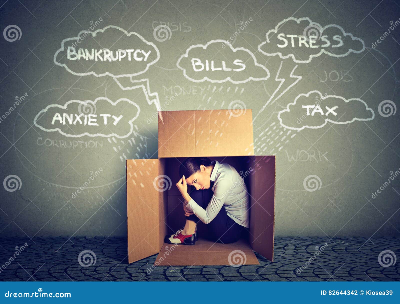 Worried Woman Hiding from Stress Inside Box Stock Photo - Image of ...