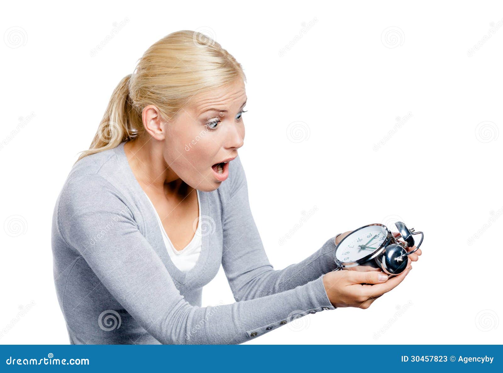 Worried Woman Looks at the Alarm Clock Stock Image - Image of beautiful ...