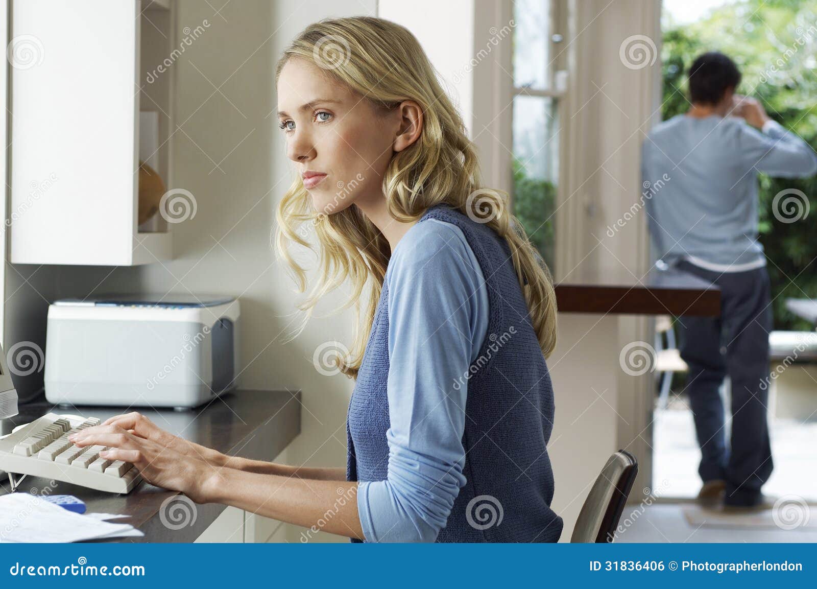 Worried Woman Using Computer Stock Photo - Image of contemplation ...