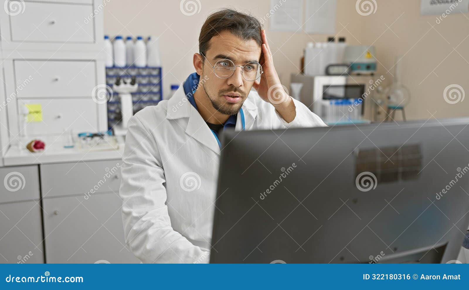 Worried Young Hispanic Man in Lab Coat Analyzing Data on Computer in ...