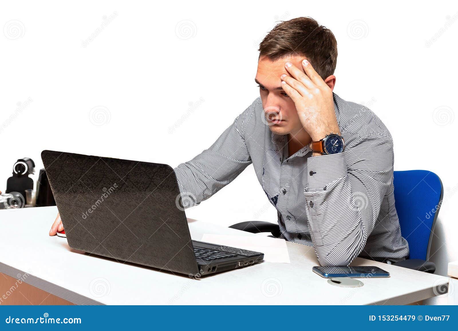 Worry Businessman Using Laptop while Sitting in Office. Pensive Office ...