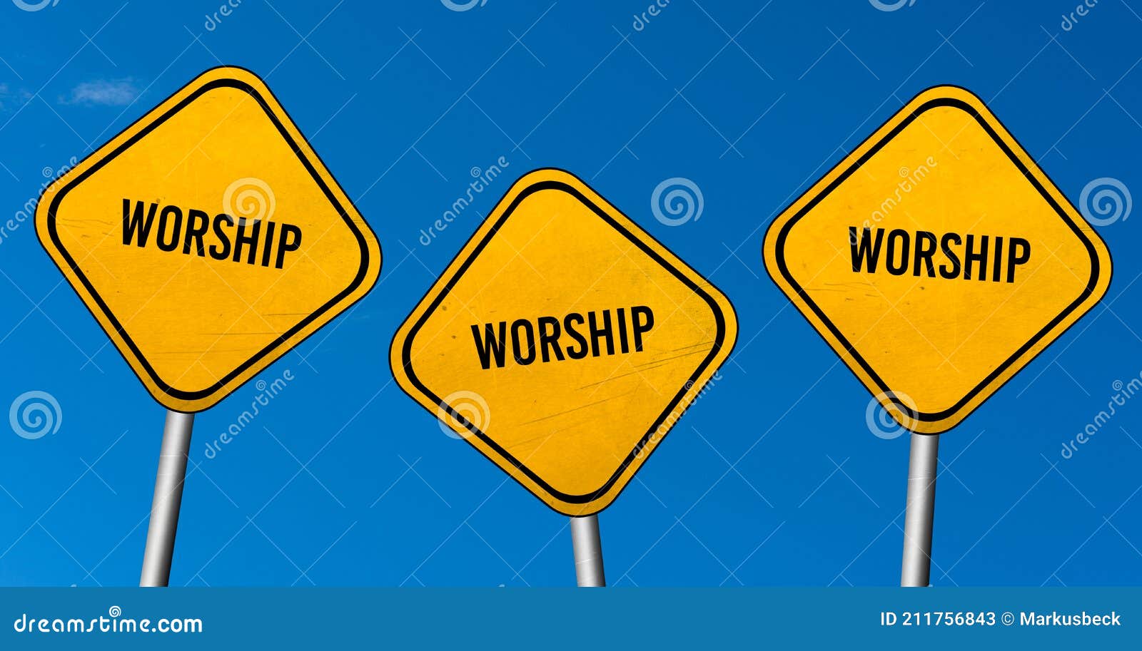 Worship - Yellow Signs with Blue Sky Stock Image - Image of technology ...