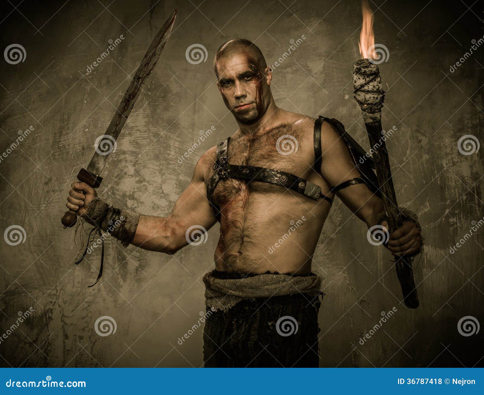 Wounded Gladiator with Sword Stock Photo - Image of coat, muscular ...