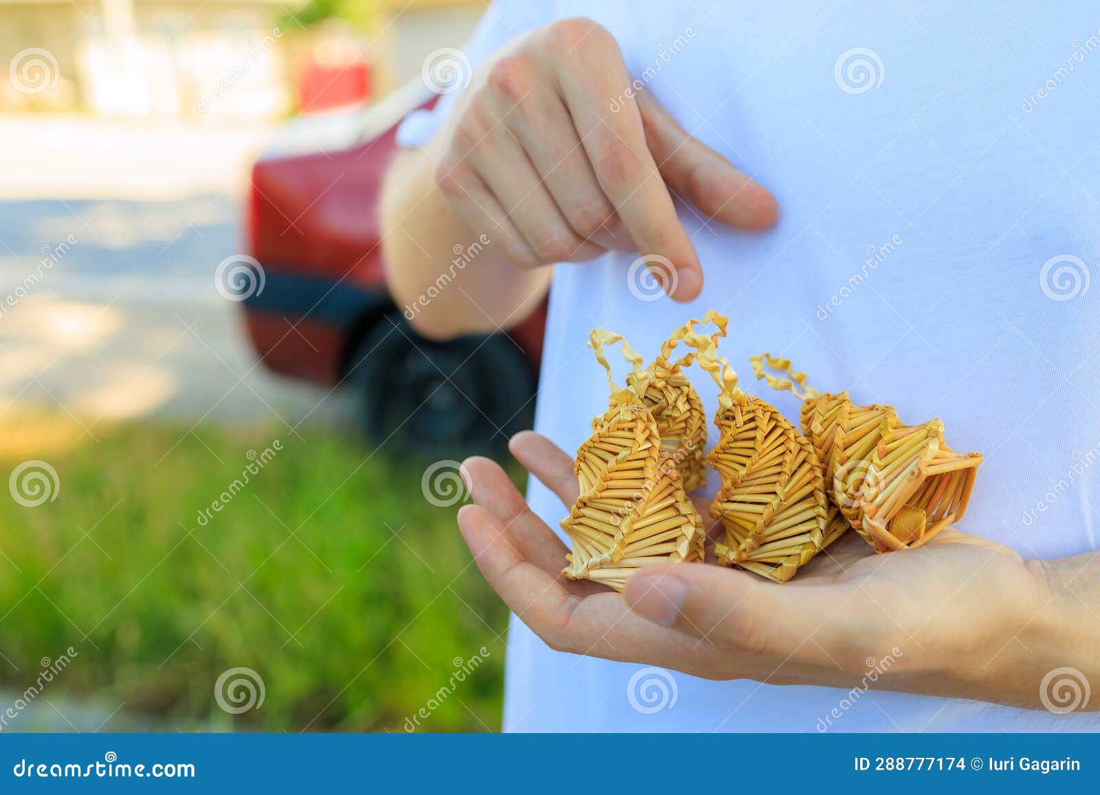 Woven Decorative Straw Bells. Background with Selective Focus and Copy ...
