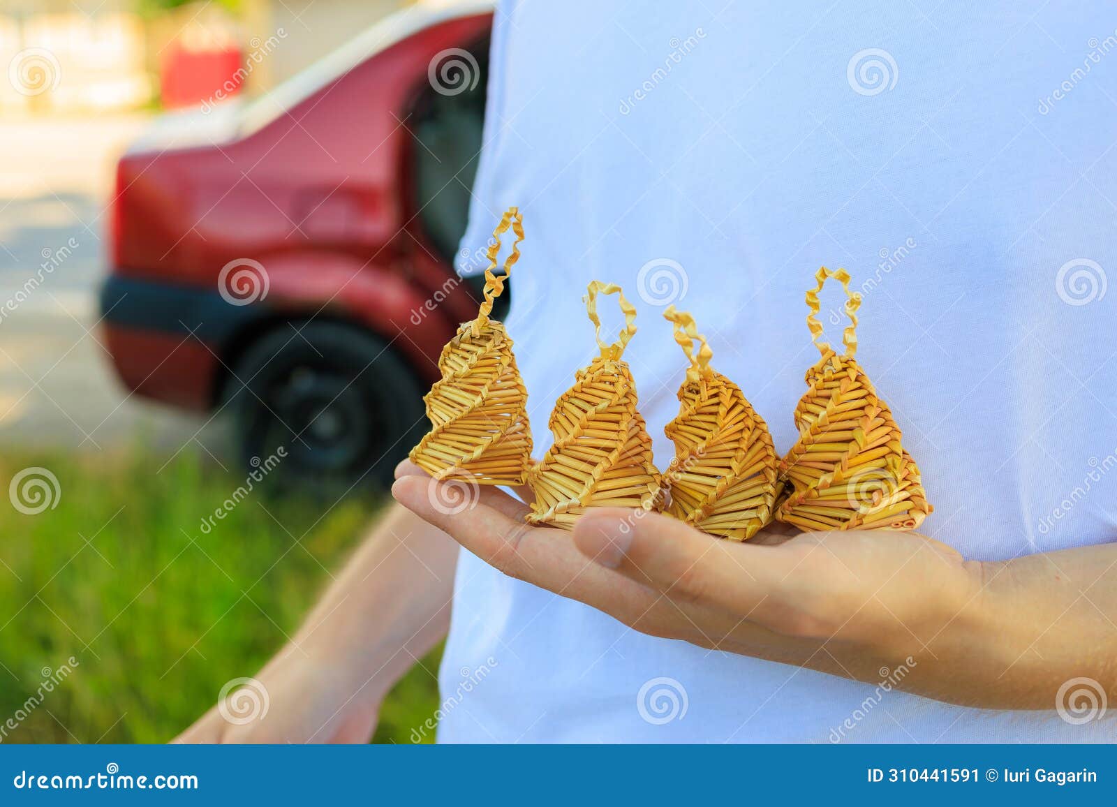 Woven Decorative Straw Bells. Background with Selective Focus and Copy ...