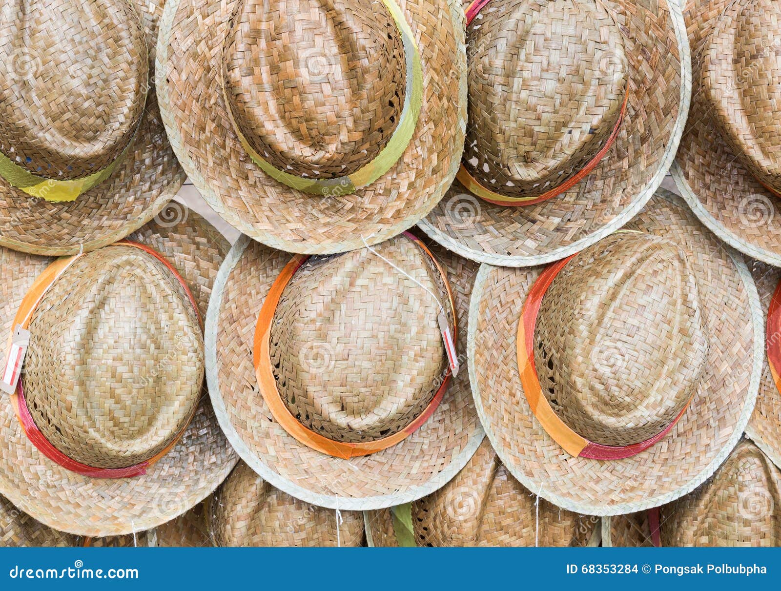 Woven Hats Decorated With Black Cloth Tied With Ribbon. Royalty-Free ...