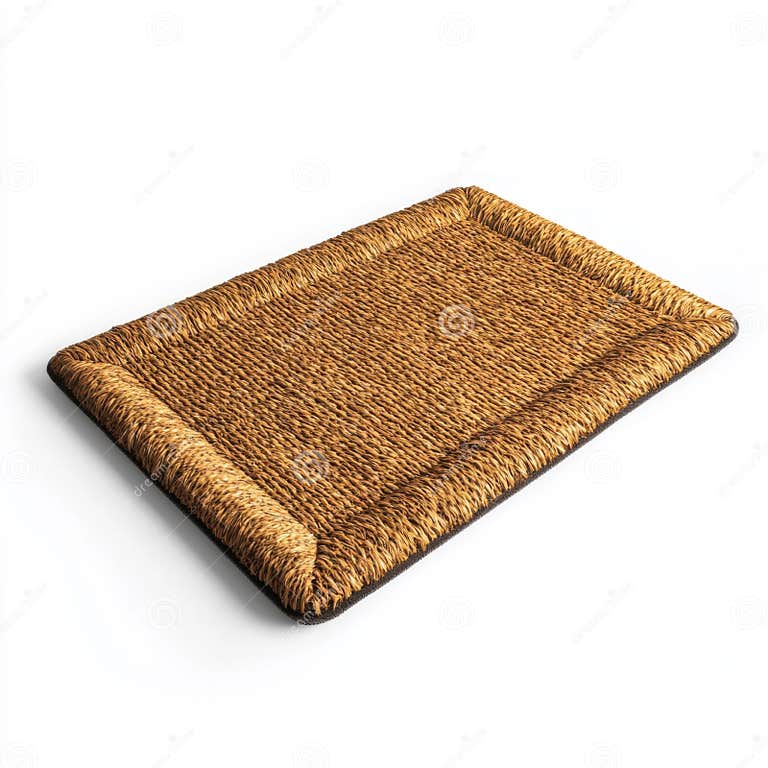 Woven Rectangular Straw Mat with Decorative Borders on White Background ...