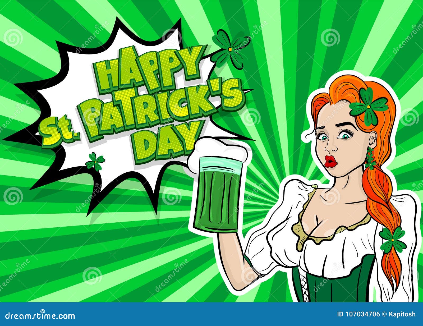 Wow Face Red Pop Art Woman St Patrick Day Stock Vector Illustration