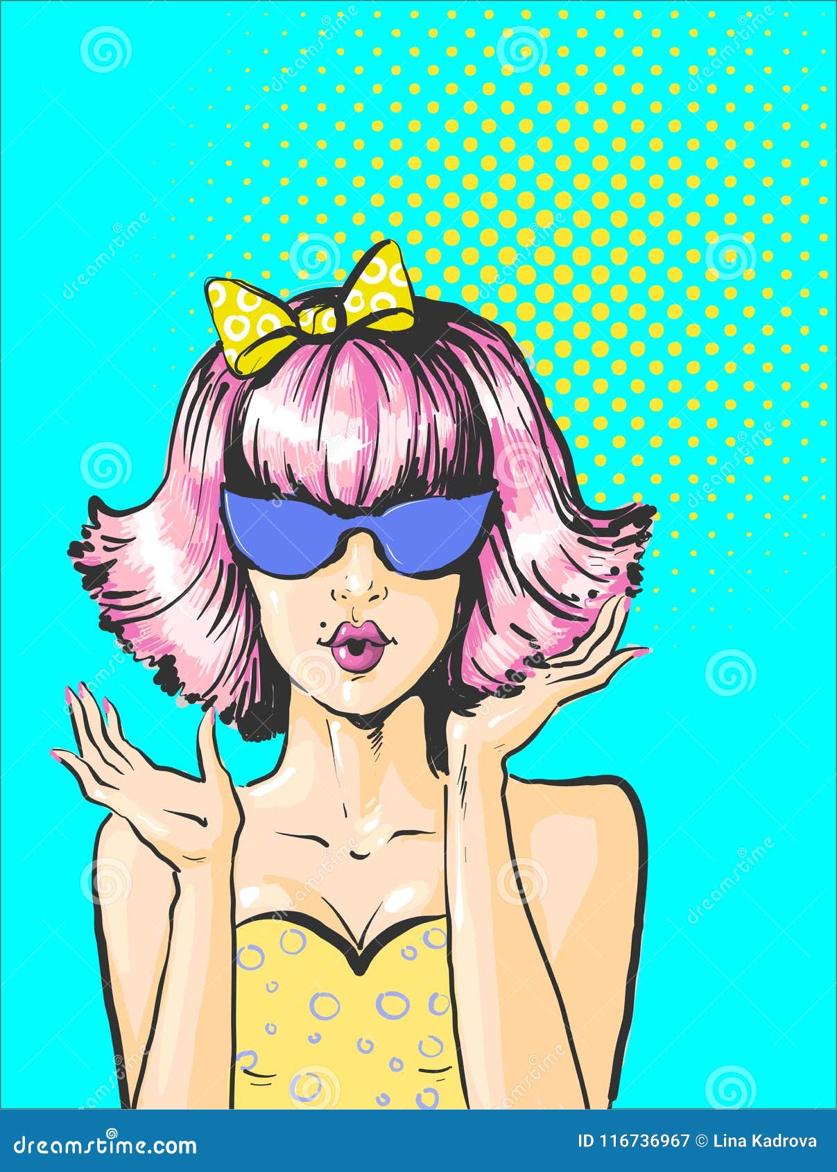 Wow Pop Art Face Surprised Woman With Pink Hair And Open Mouth In