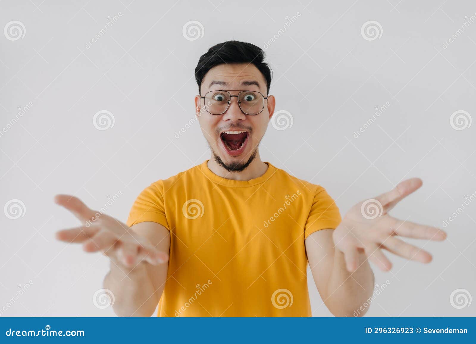 Wow Surprised Funny Face Of Asian Man Yellow T Shirt Present White Copy