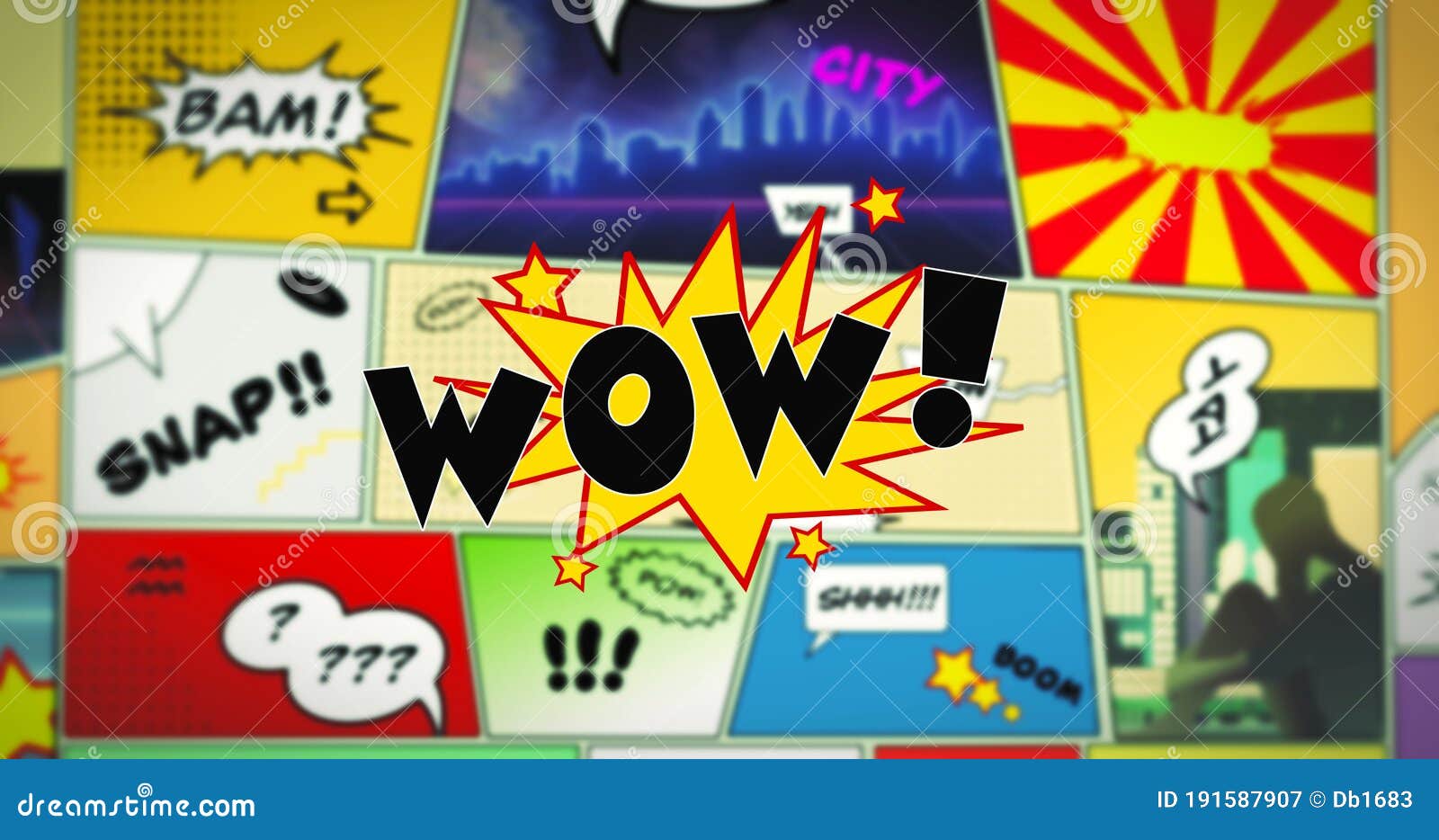 Wow Text in Speech Bubble in the Foreground of Colorful Comic Strip ...