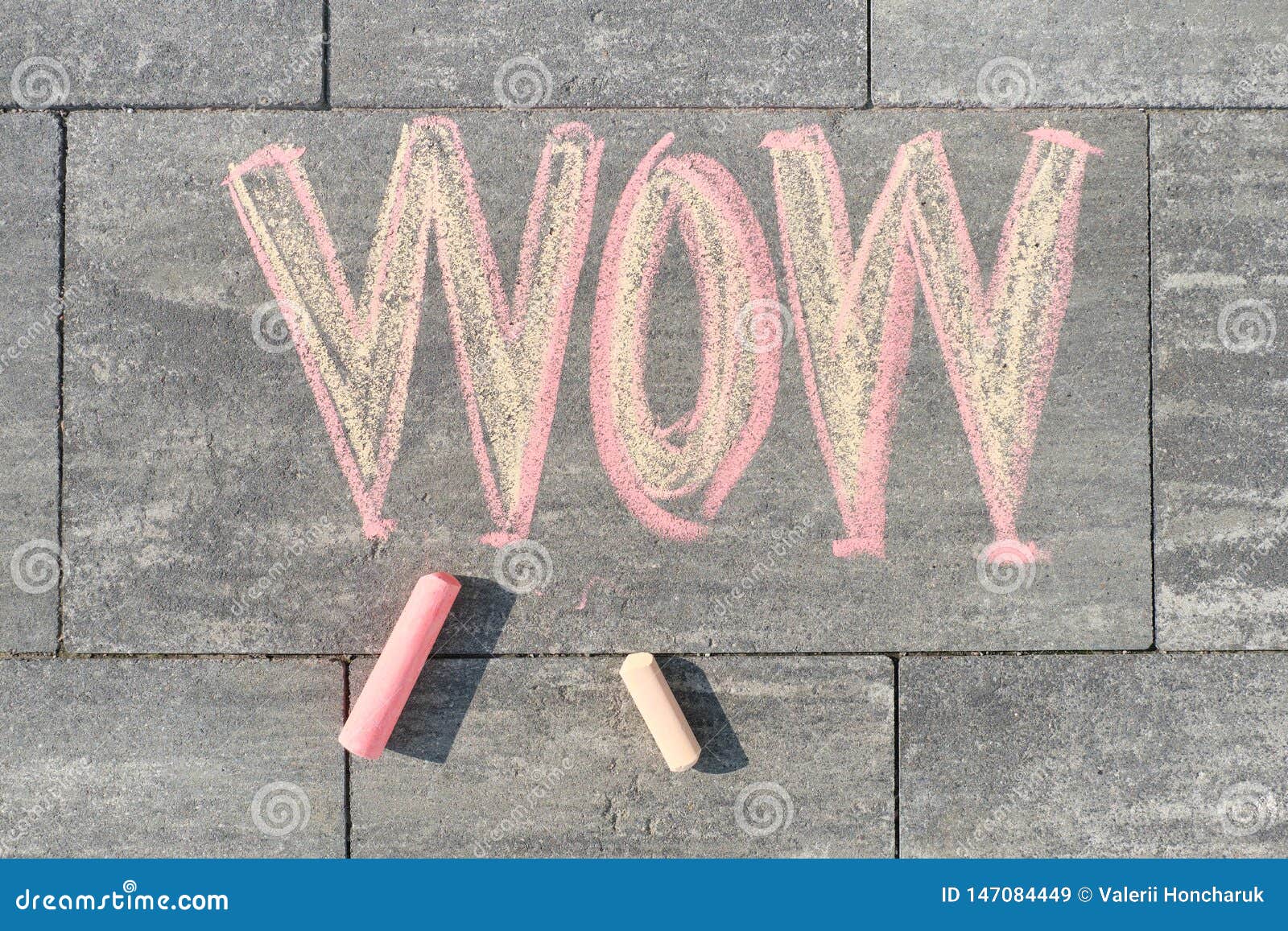 Wow Written on Gray Sidewalk, Top View Stock Image - Image of crayons ...