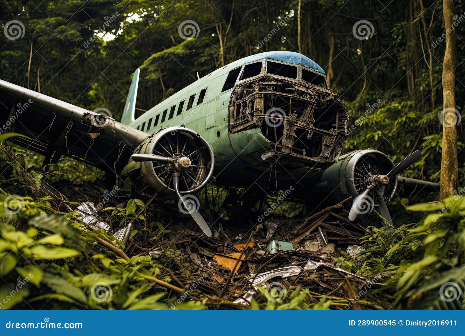 Wracked Old Rusty Airplane Overgrown with Foliage in Jungle Forest ...
