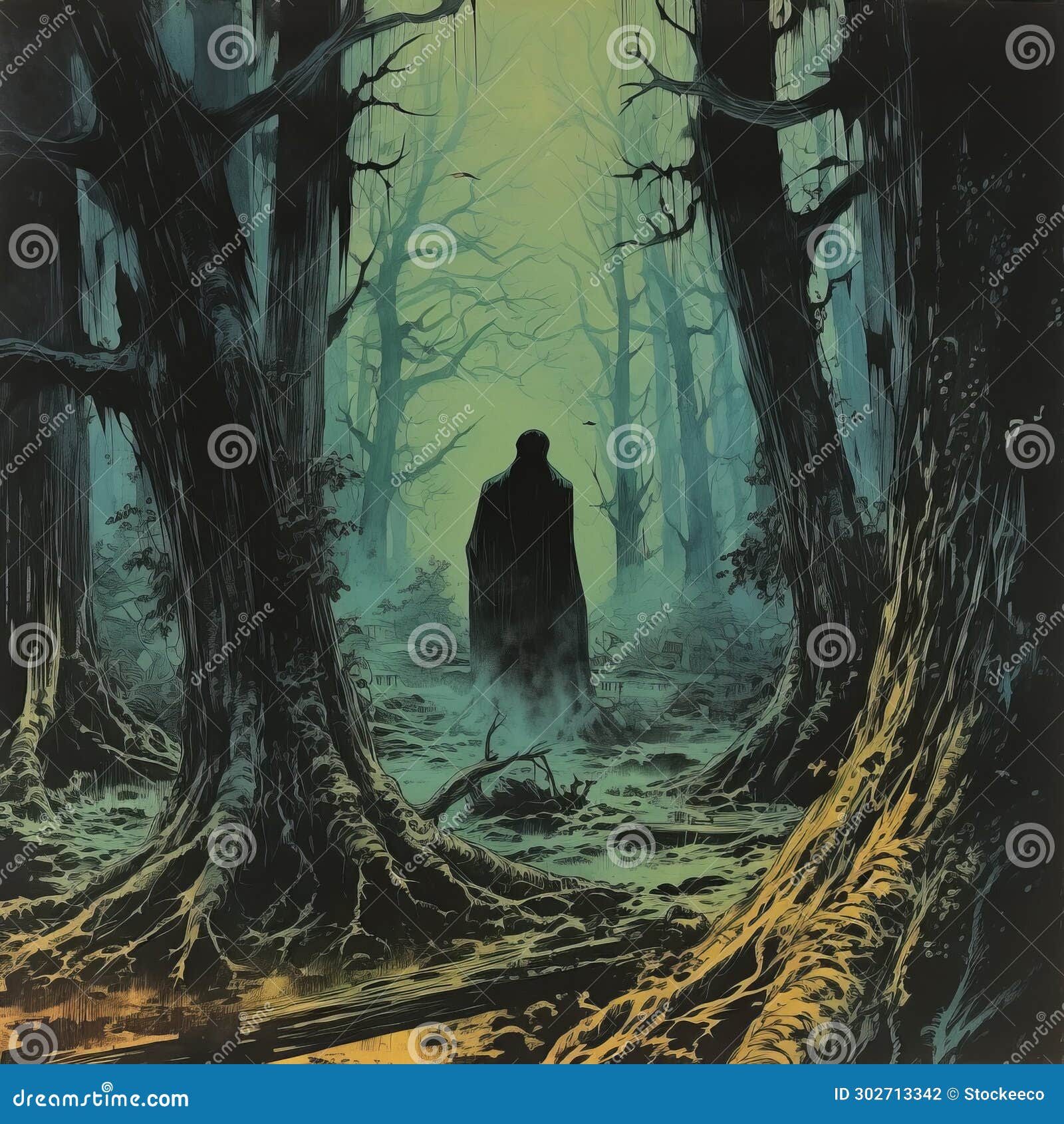 Wraith in Haunted Forest: Gritty Horror Comics Poster Art Stock ...