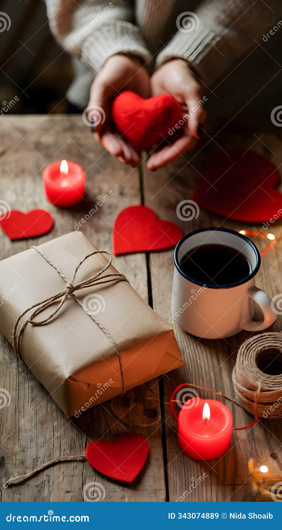 Wrapped Parcel and Coffee Mug Create Warm Atmosphere with Candles and ...