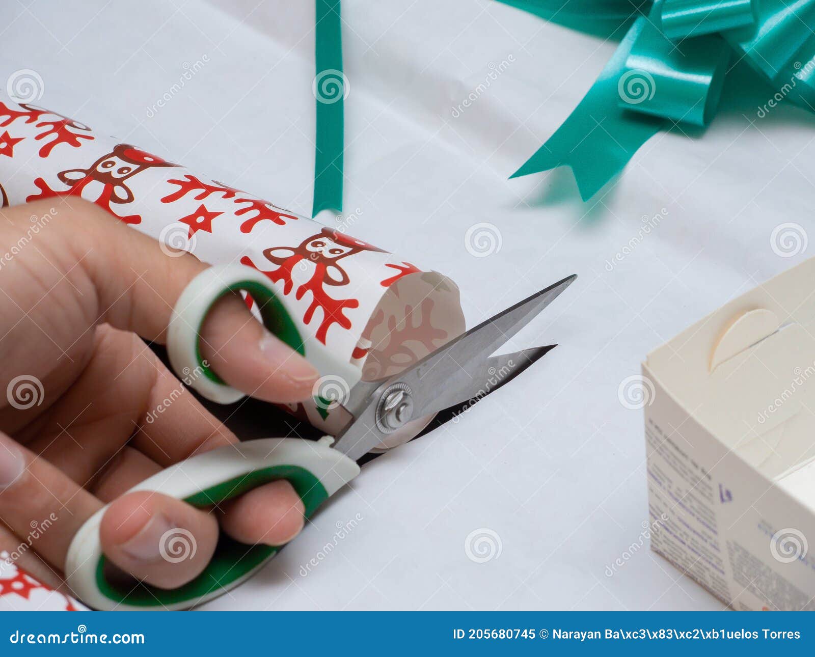 Wrapping Gift with Scissors, Tape and Paper Stock Image - Image of ...