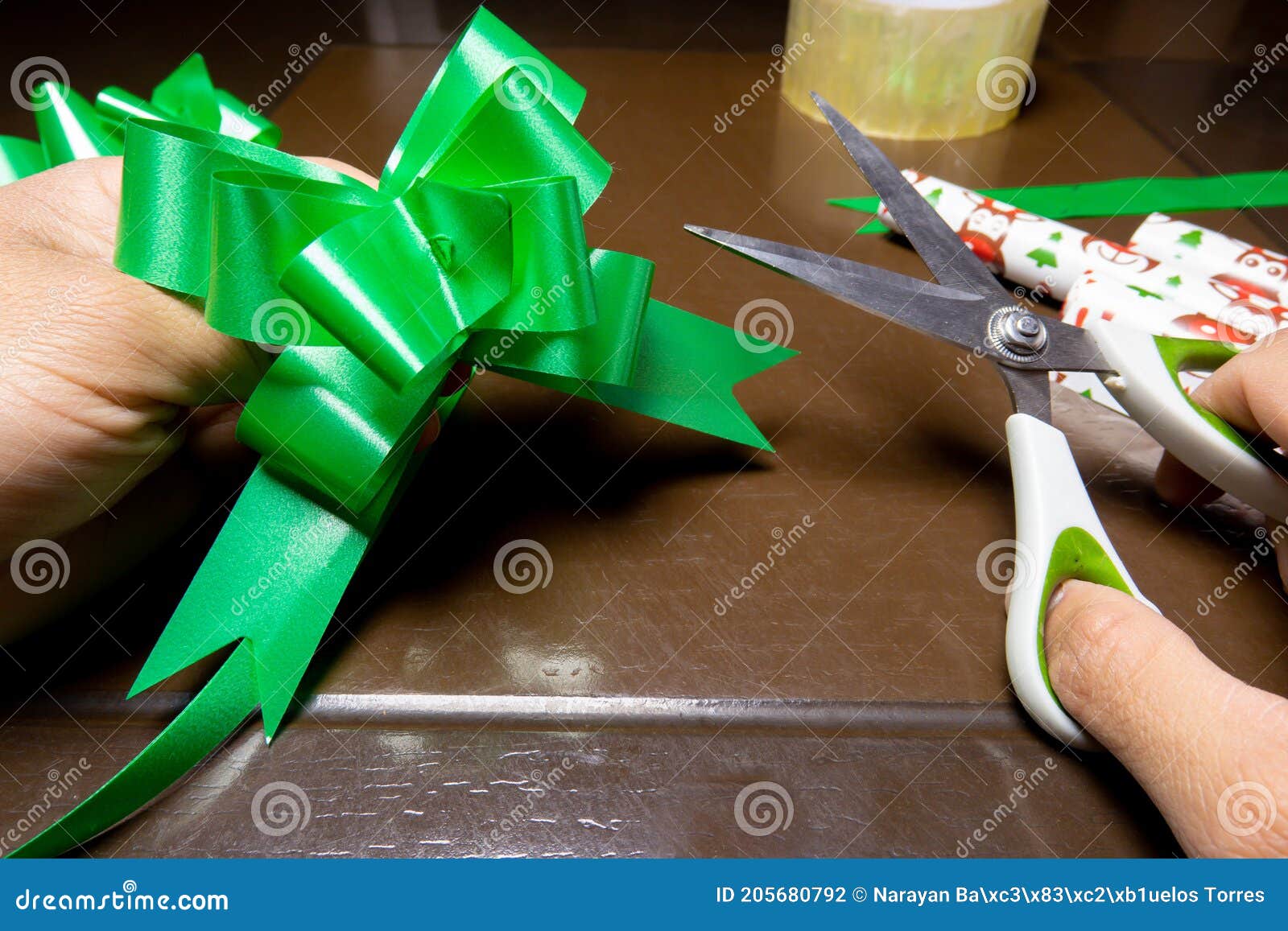 Wrapping Gift with Scissors, Tape and Paper Stock Photo - Image of ...
