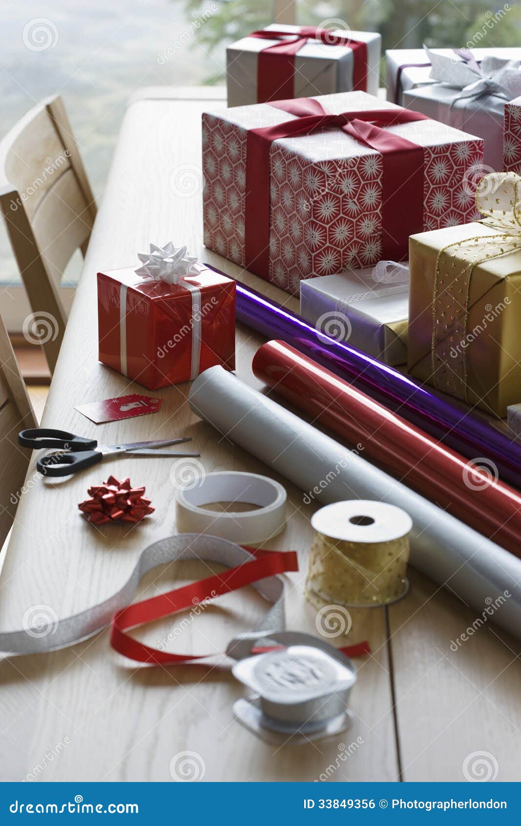 Wrapping Paper and Accessories for Christmas Stock Photo - Image of ...