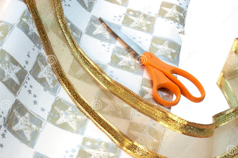 Wrapping Paper, Ribbon & Scissors Stock Photo - Image of ribbon ...