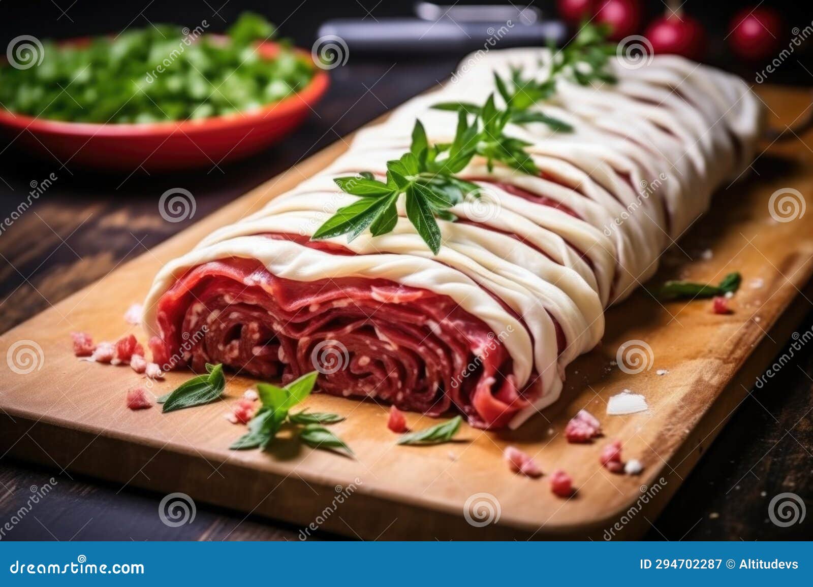 Wrapping a Raw Sausage Link in Puff Pastry before Baking Stock Image ...