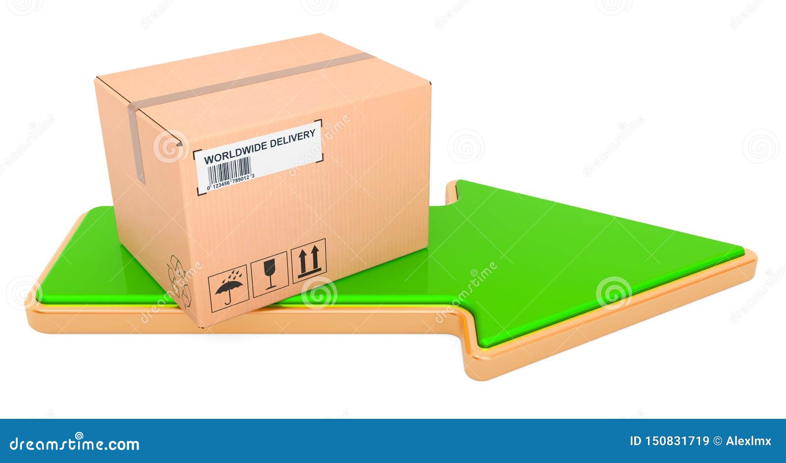 Wrapping And Sending Of Parcel Concept. Cardboard Box With Green Arrow ...