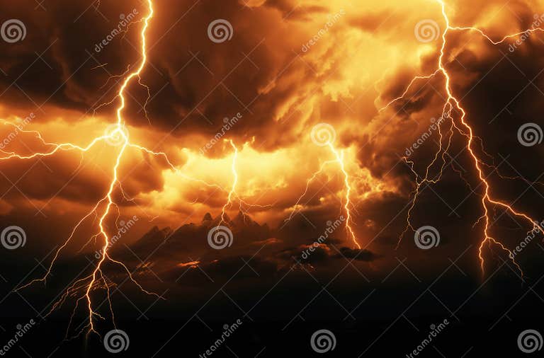 The Wrath of God. Lightning Strike in the Dark Cloudy Sky Stock ...