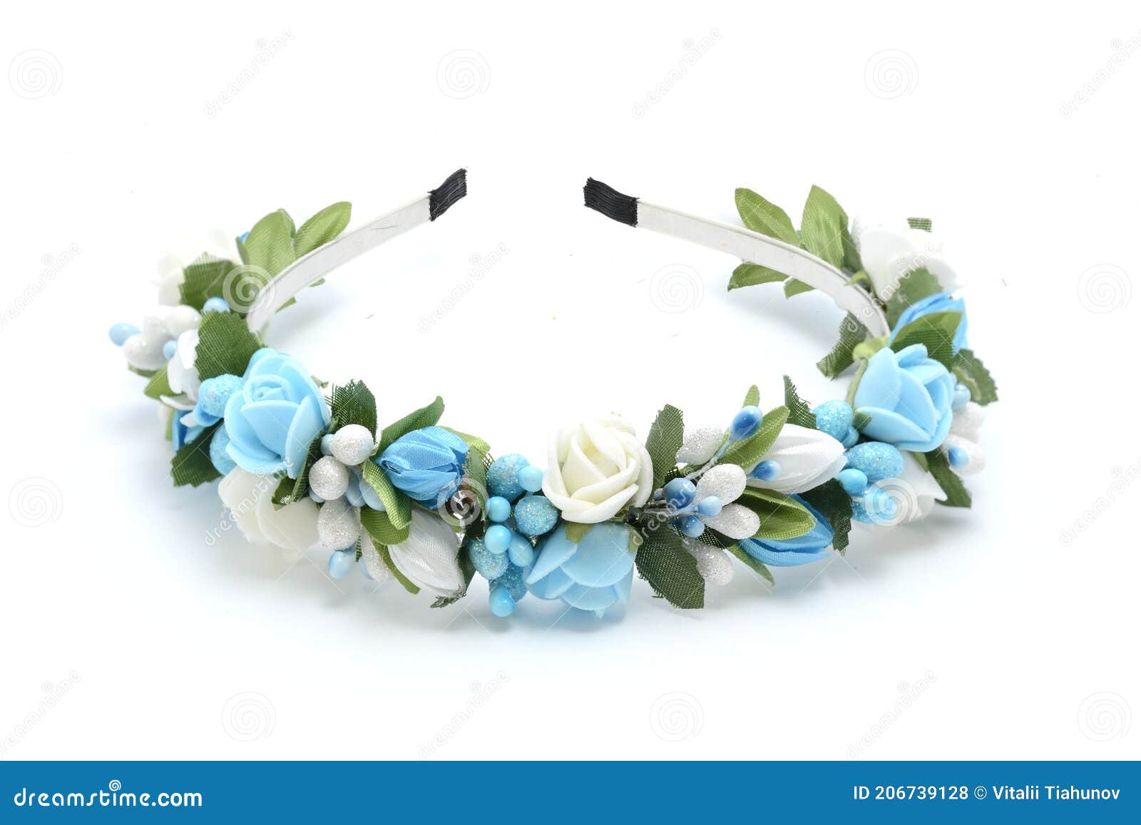Wreath with blue flowers stock photo. Image of bride - 206739128