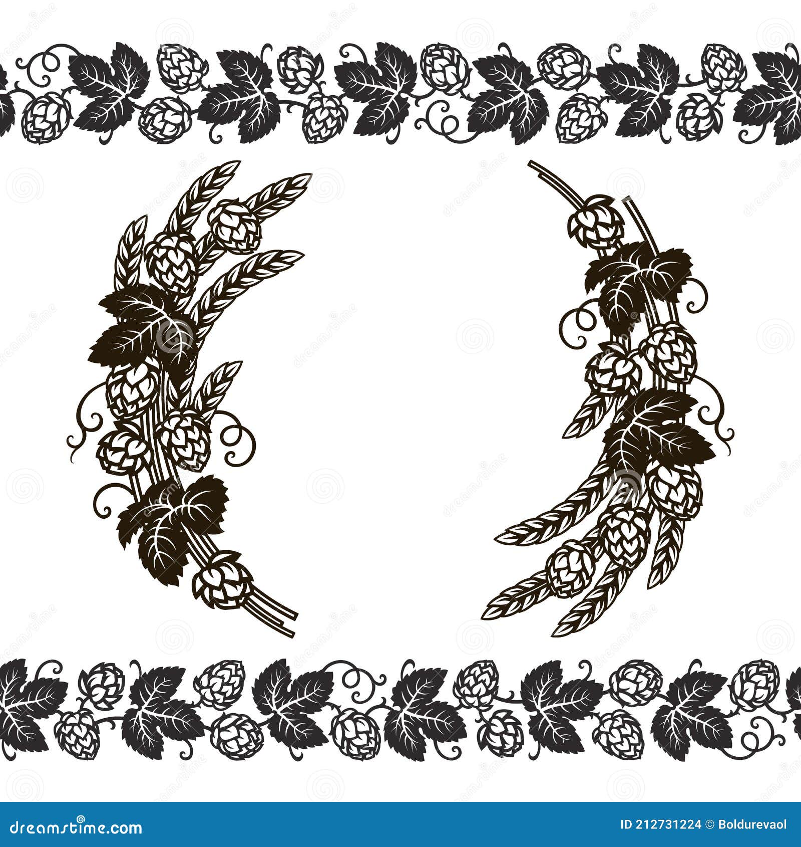Wreath or Frame of Branches of Hops, and Beer Hop Seamless Border. Set ...