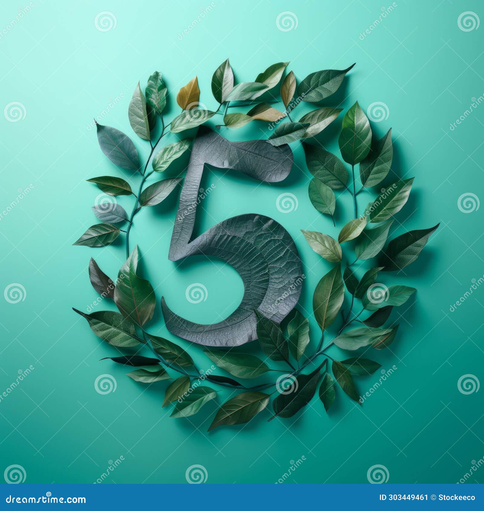 Green Abstract Number Five: Photorealistic Image of Leaves on Teal ...