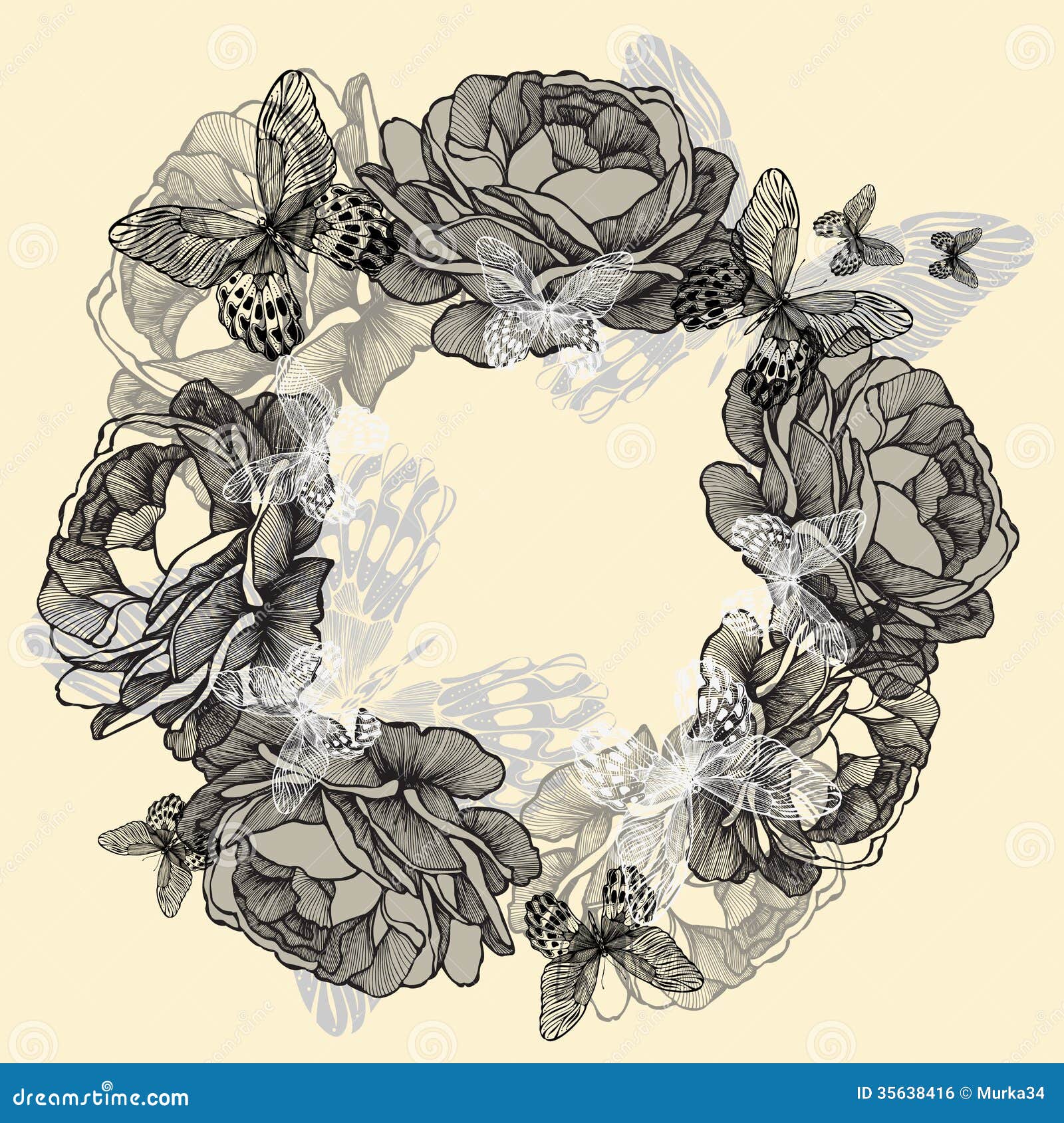 Wreath of Roses, Butterflies, Hand-drawing. Vector Stock Vector ...