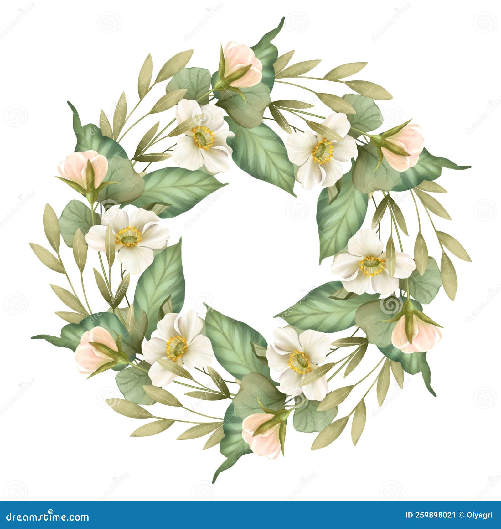 Wreath of White Flowers. Round Frame. Stock Illustration - Illustration ...