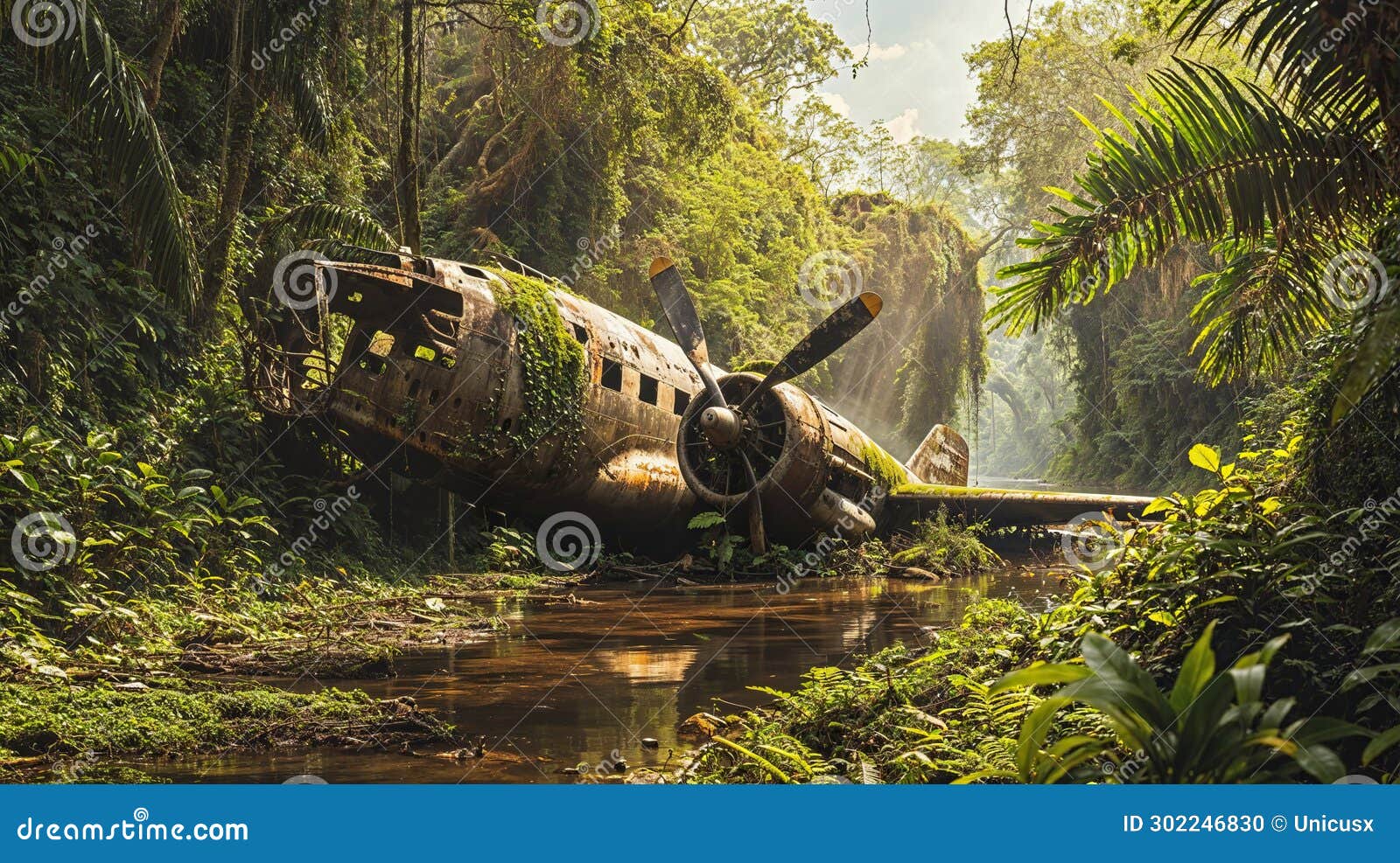 Wreck of Crashed Airplane in Lush Jungle, Overgrown with Vegetation ...