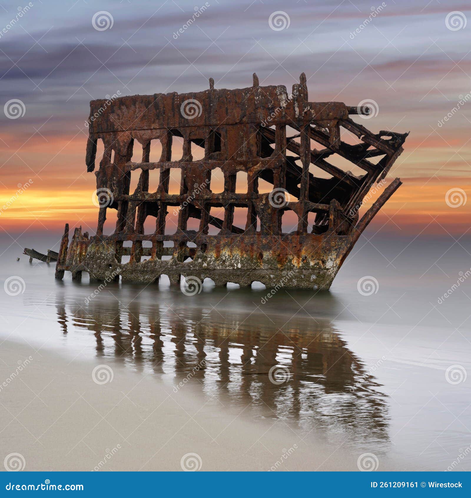 Wreck of the Peter Iredale Against Sunset, Long Exposure Effect Stock ...