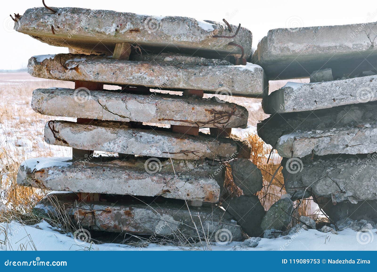 Construction Waste in the Field, the Wreckage of Concrete Slabs in ...