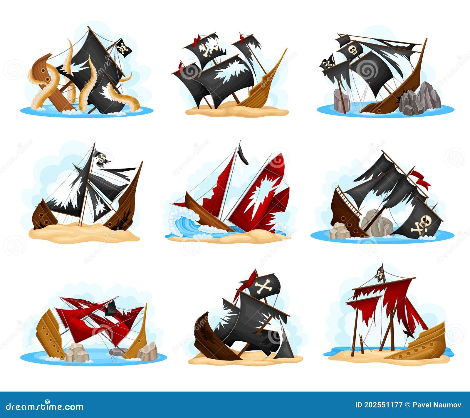 Wreckage of Pirate Ship or Vessel with Ripped Black and Red Sail Vector ...