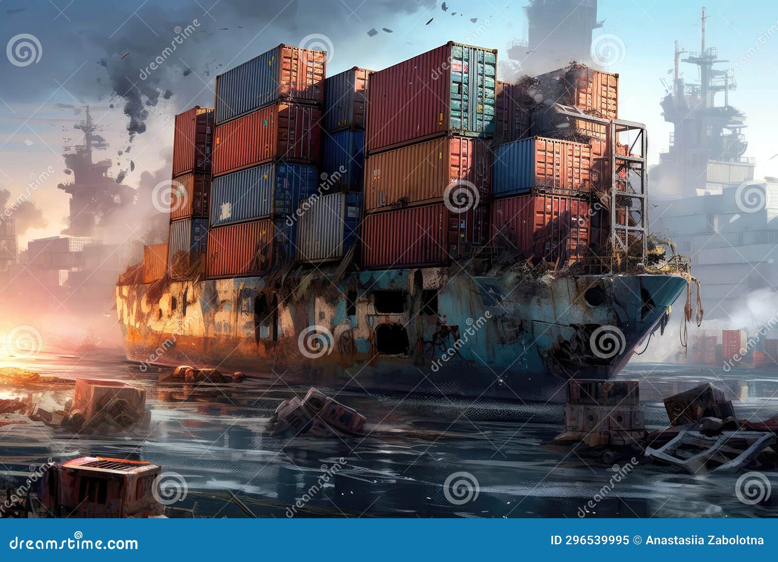 Wrecked, Abandoned Seagoing Ship with Containers in Front of a Polluted ...